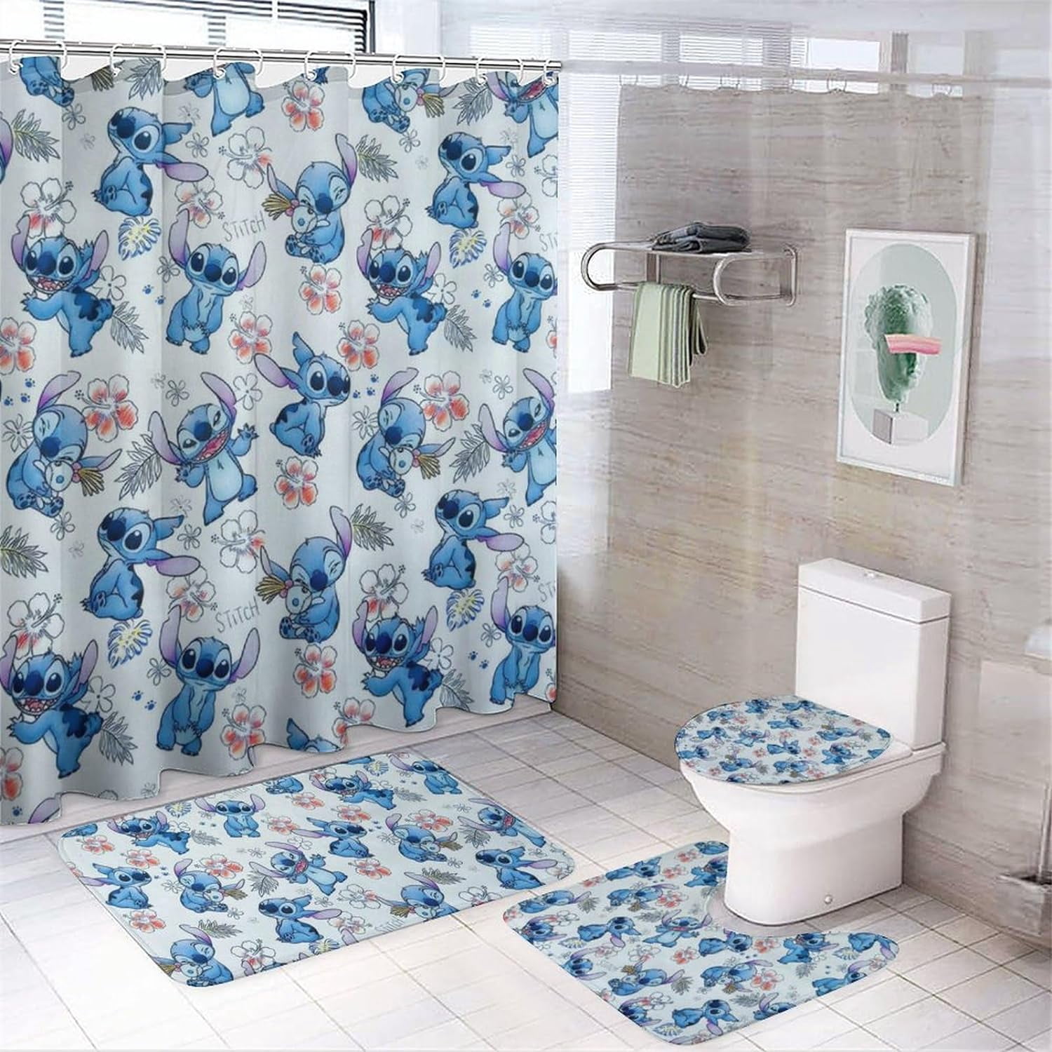 4 Piece Cute Cartoon Shower Curtain Set with Non-Slip Rugs, Toilet Lid ...