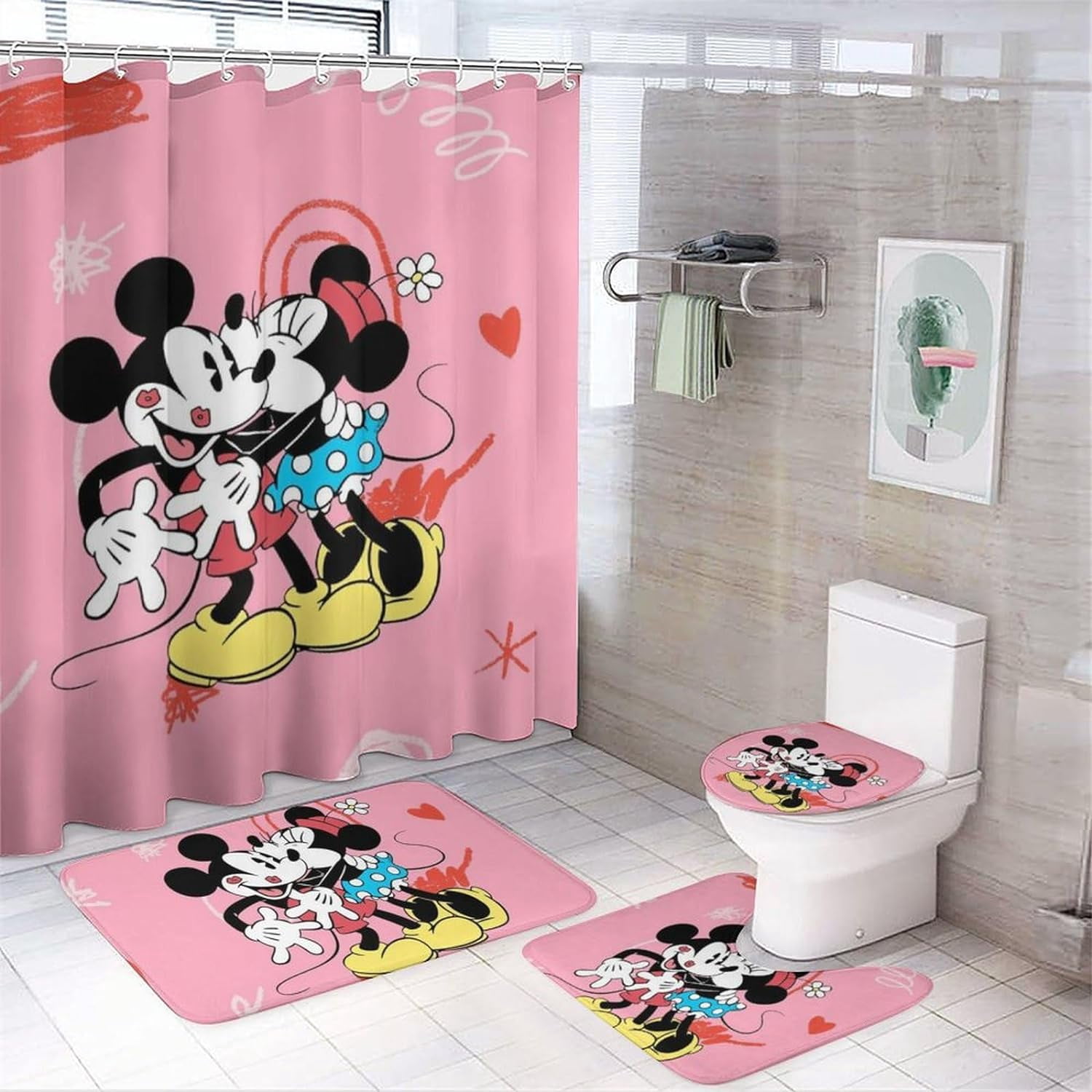 4 Piece Cute Cartoon Shower Curtain Set with Non-Slip Rugs, Toilet Lid ...