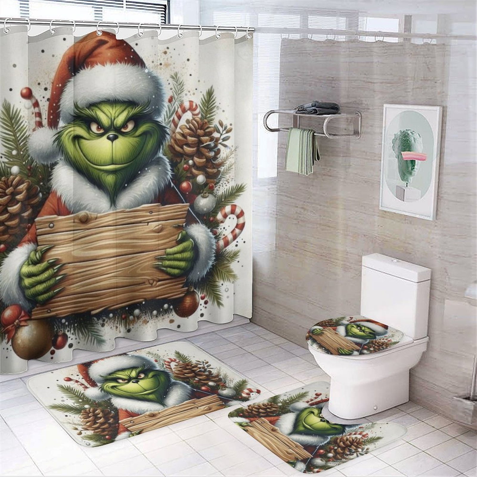 4 Piece Cute Grinch Cartoon Shower Curtain Set with Non-Slip Rugs ...