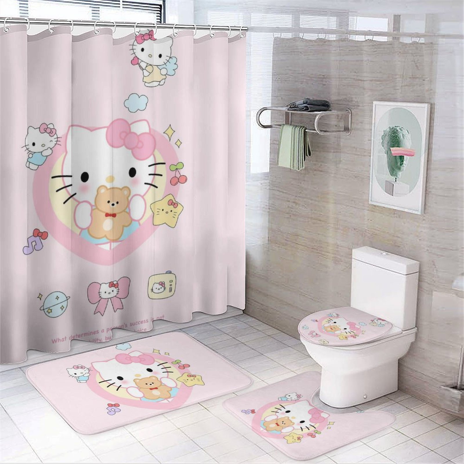 4 Piece Cute Hello Kitty Cartoon Shower Curtain Set with Non-Slip Rugs ...