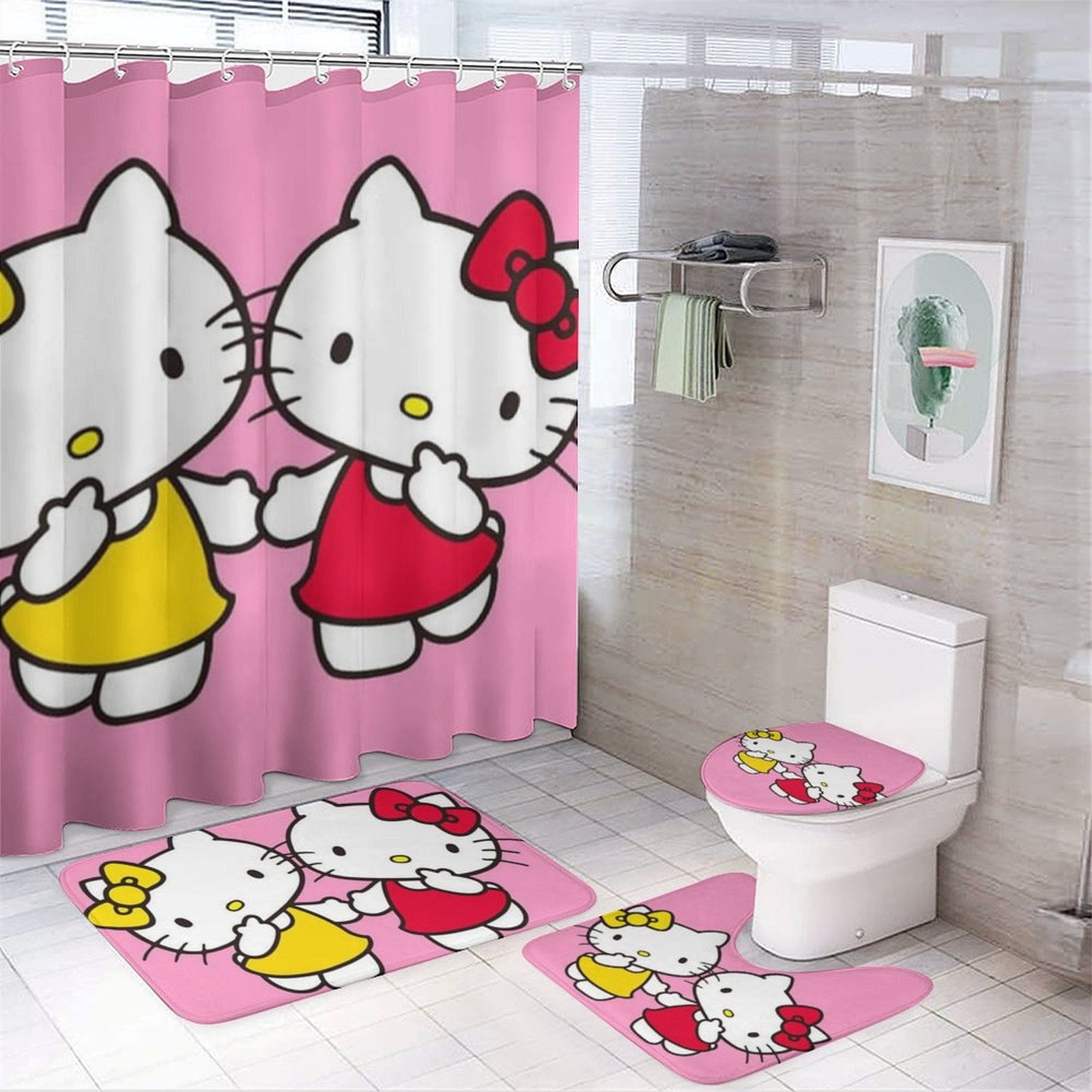 4 Piece Cute Hello Kitty Take A Walk Cartoon Shower Curtain Set with ...