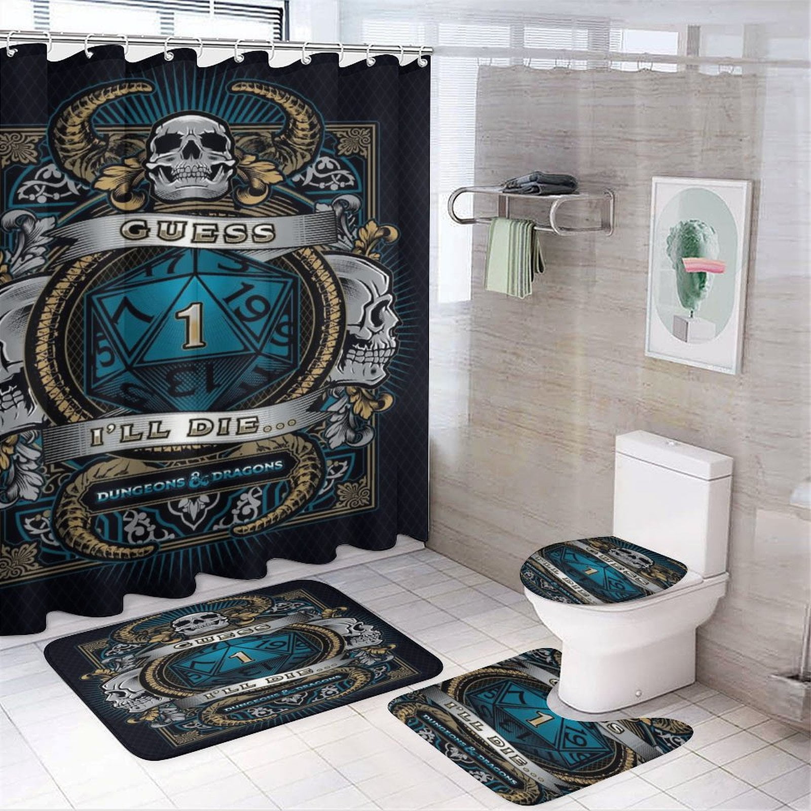 4 Piece DND Dungeons And Dragons Shower Curtain Set with Non-Slip Rug ...