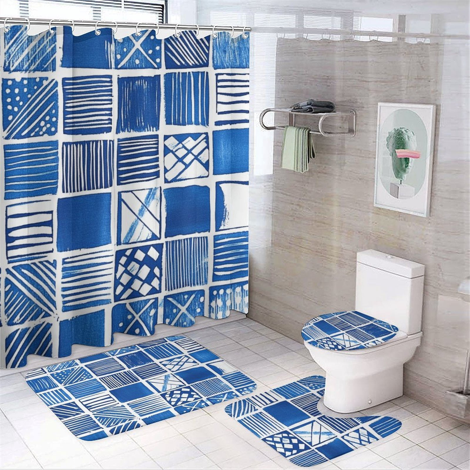 4 Piece Decor Shower Curtains Sets Blue And White Pattern with Squares ...