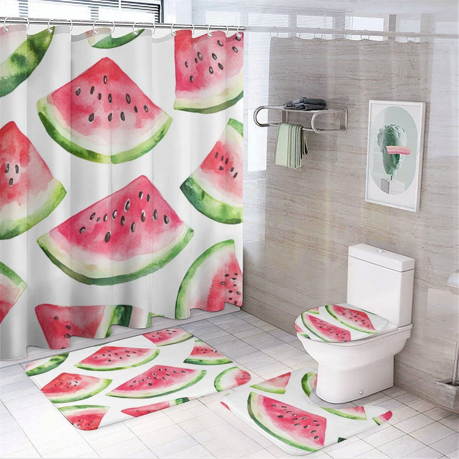4 Piece Decor Shower Curtains Sets with Non-Slip Rugs Toilet Lid Cover ...