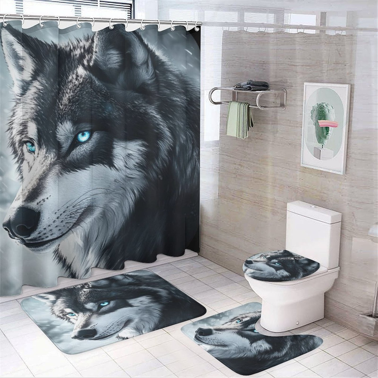 4 Piece Decor Shower Curtains Sets Wolf with Blue Eyes with Non-Slip ...