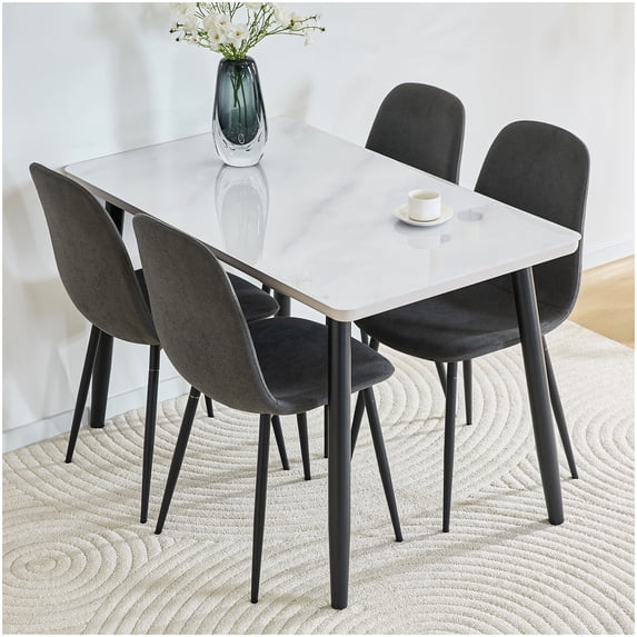 4-Piece Dining Set, Rectangular Glass Top Table with Gray Linen Chairs ...