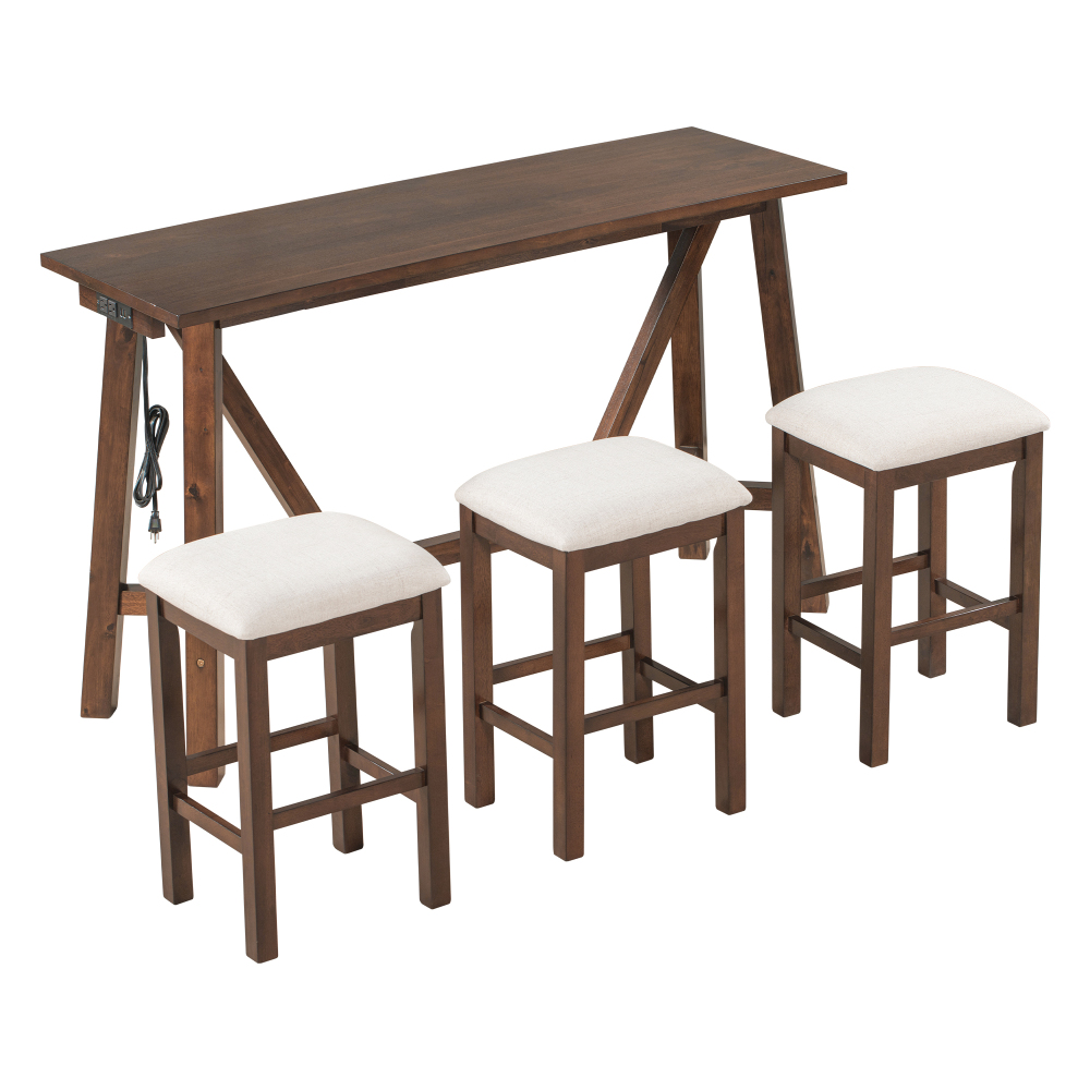 4 Piece Dining Table Set with 3 Upholstered Bar Stools, Modern Wood ...