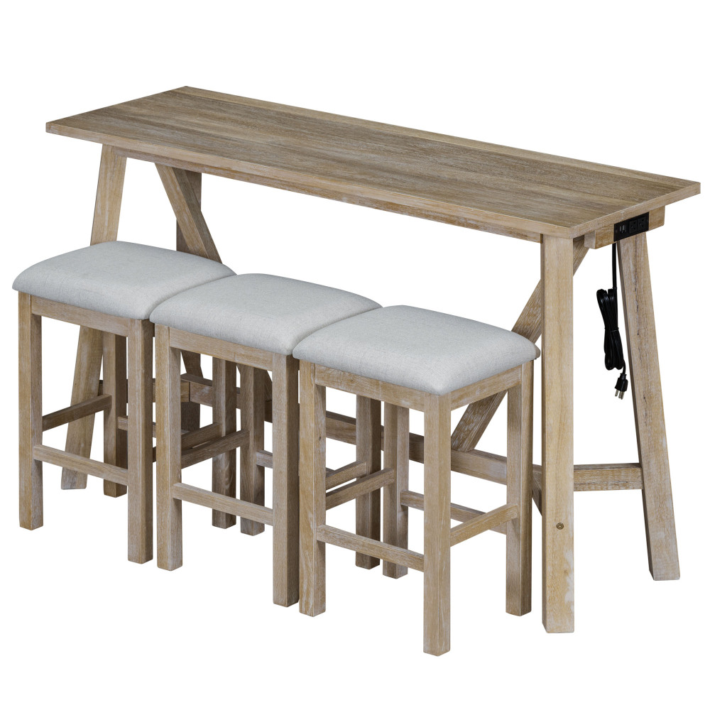 4 Piece Dining Table Set with 3 Upholstered Bar Stools, Modern Wood ...