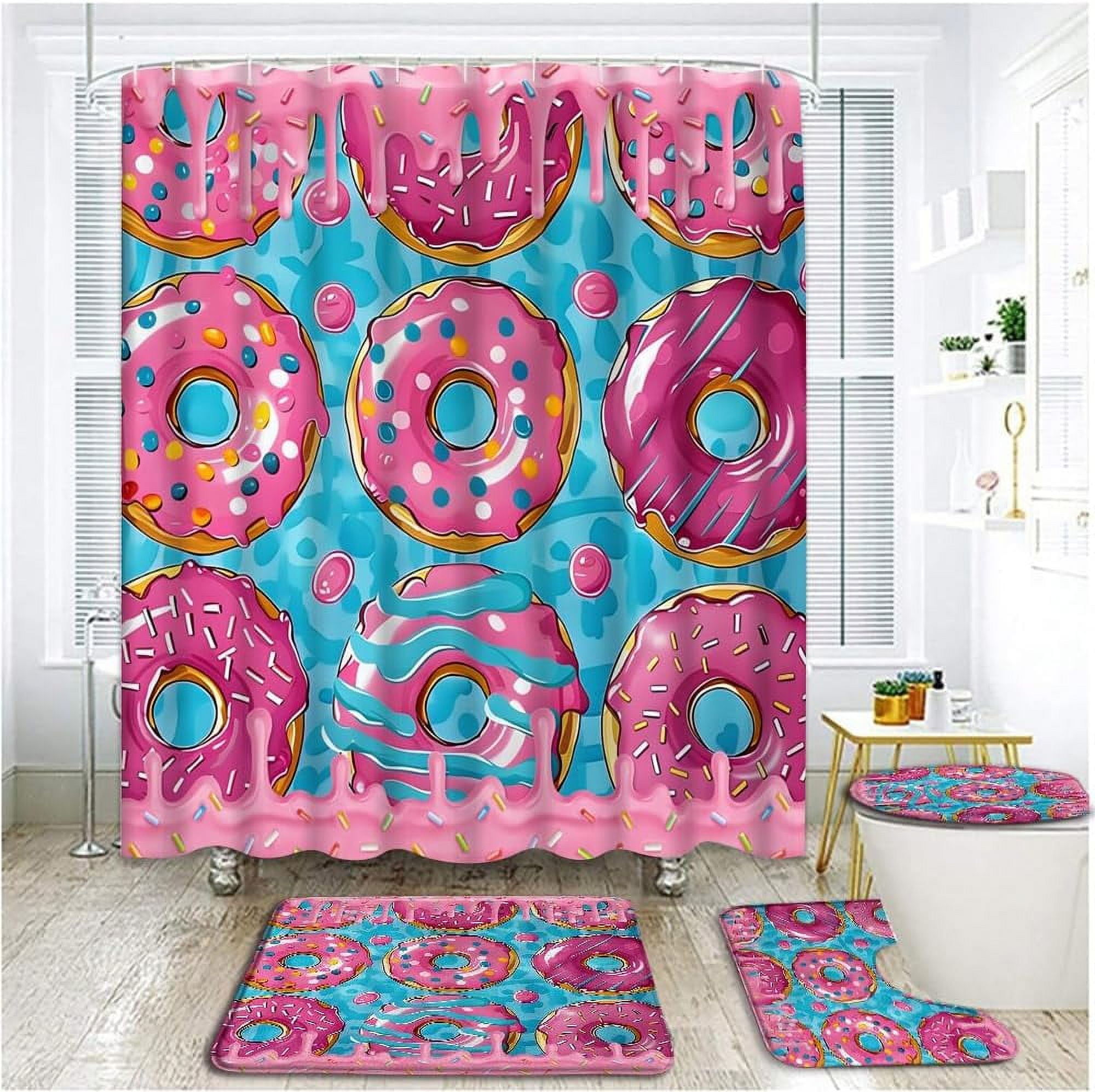 4 Piece Donuts Shower Curtain Set with Rugs, Toilet Lid Cover ,Cartoon ...