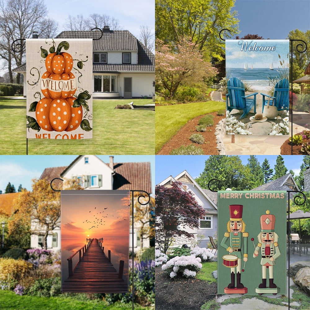4-Piece Double-Sided All-Weather Garden Flags Set - Year Round Seasonal ...