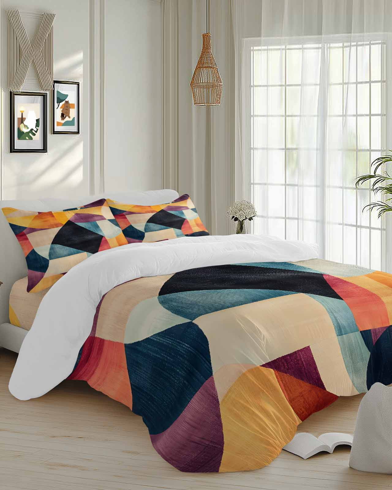 4 Piece Duvet Cover Set Cal king, Abstract Color Block on Linen Soft ...