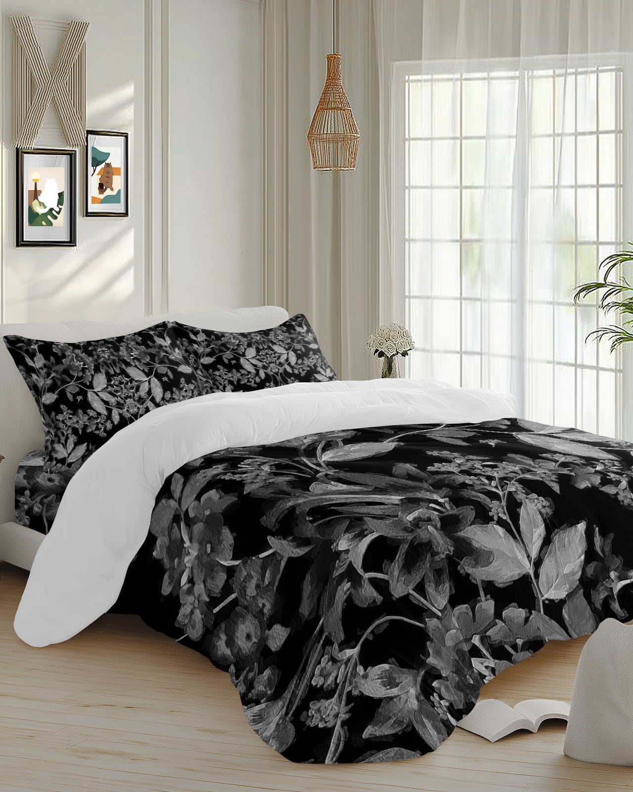 4 Piece Duvet Cover Set Cal king, Abstract Flower Leaves on Black Soft ...