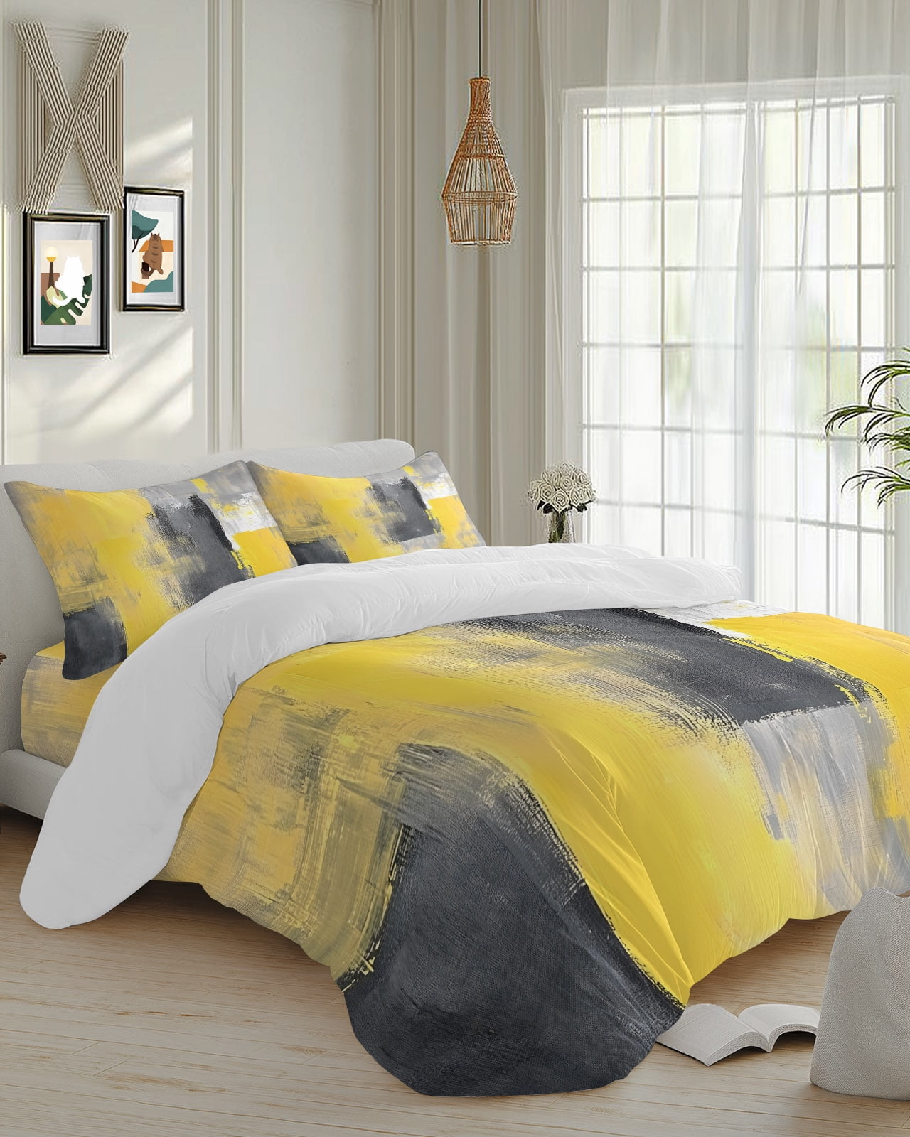 4 Piece Duvet Cover Set Cal king, Abstract Gradient Yellow Grey Art ...
