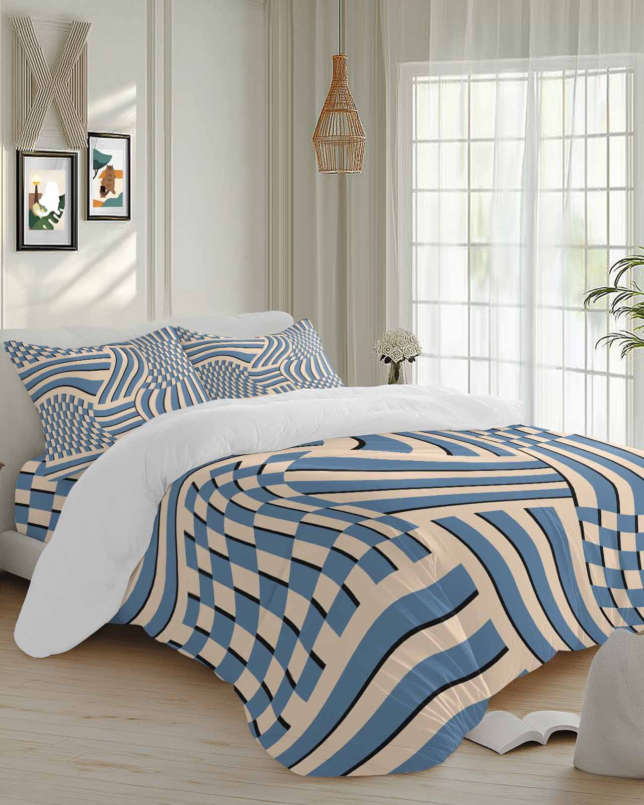 4 Piece Duvet Cover Set Cal king, Abstract Minimalist Stripe Plaid Soft ...
