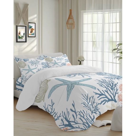 4 Piece Duvet Cover Set Cal king, Abstract Ocean Starfish Coral ...