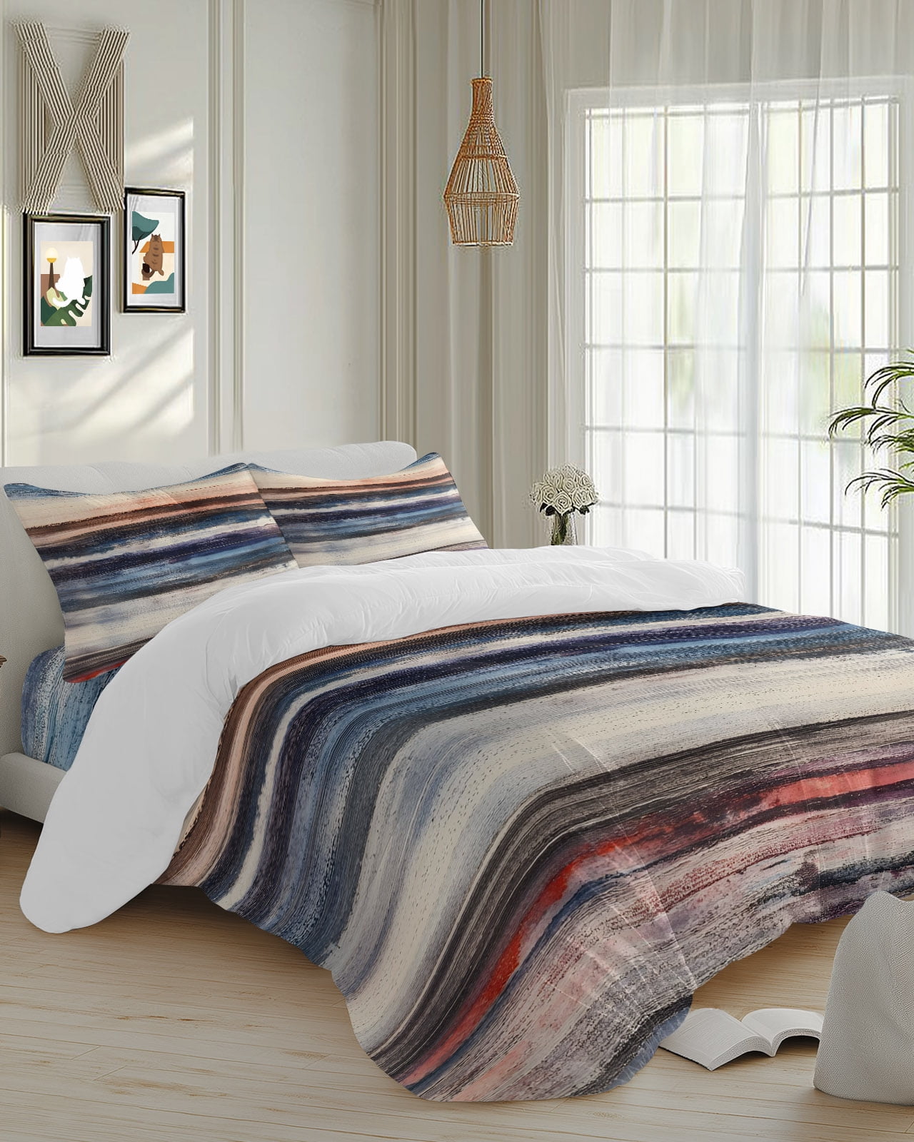 4 Piece Duvet Cover Set Cal king, Abstract Rustic Striped Texture Soft ...