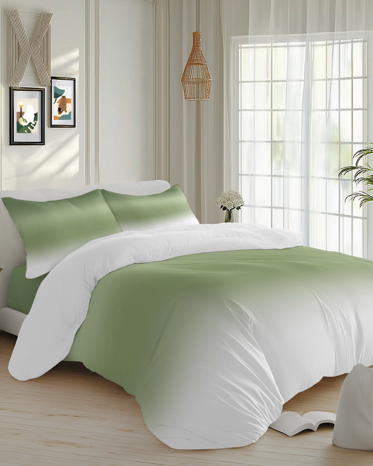 4 Piece Duvet Cover Set Cal king, Abstract Sage Green Gradient Soft ...