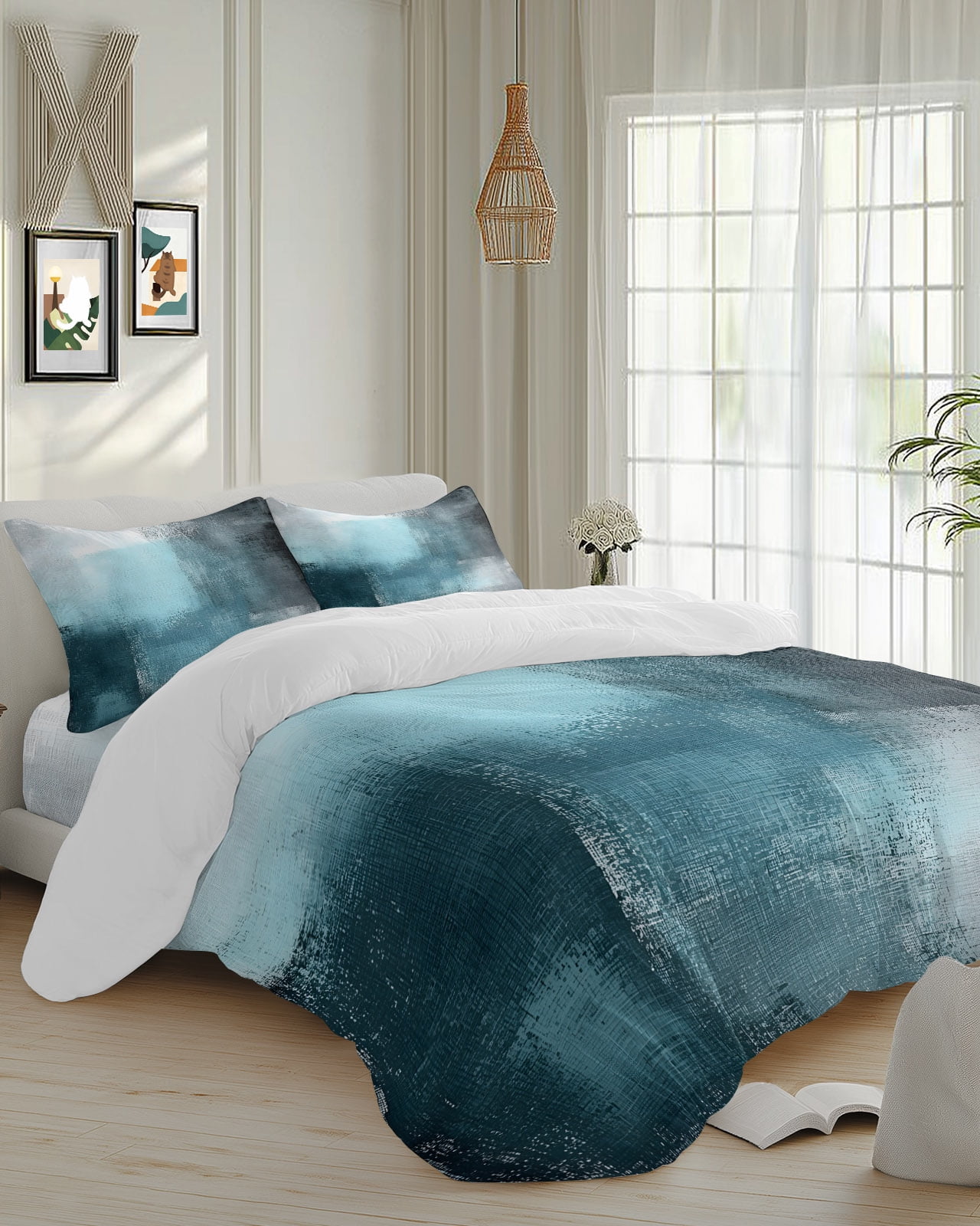 4 Piece Duvet Cover Set Cal king, Abstract Teal Grey Color Block Soft ...