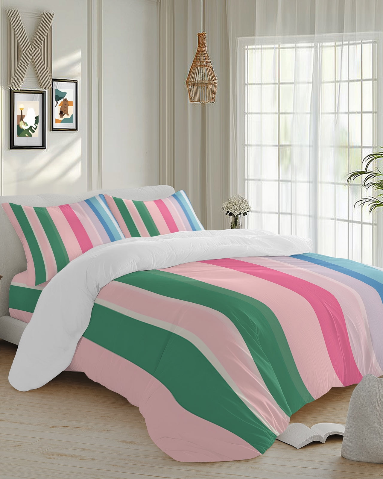 4 Piece Duvet Cover Set Cal king, Abstract Watercolor Vertical Lines ...