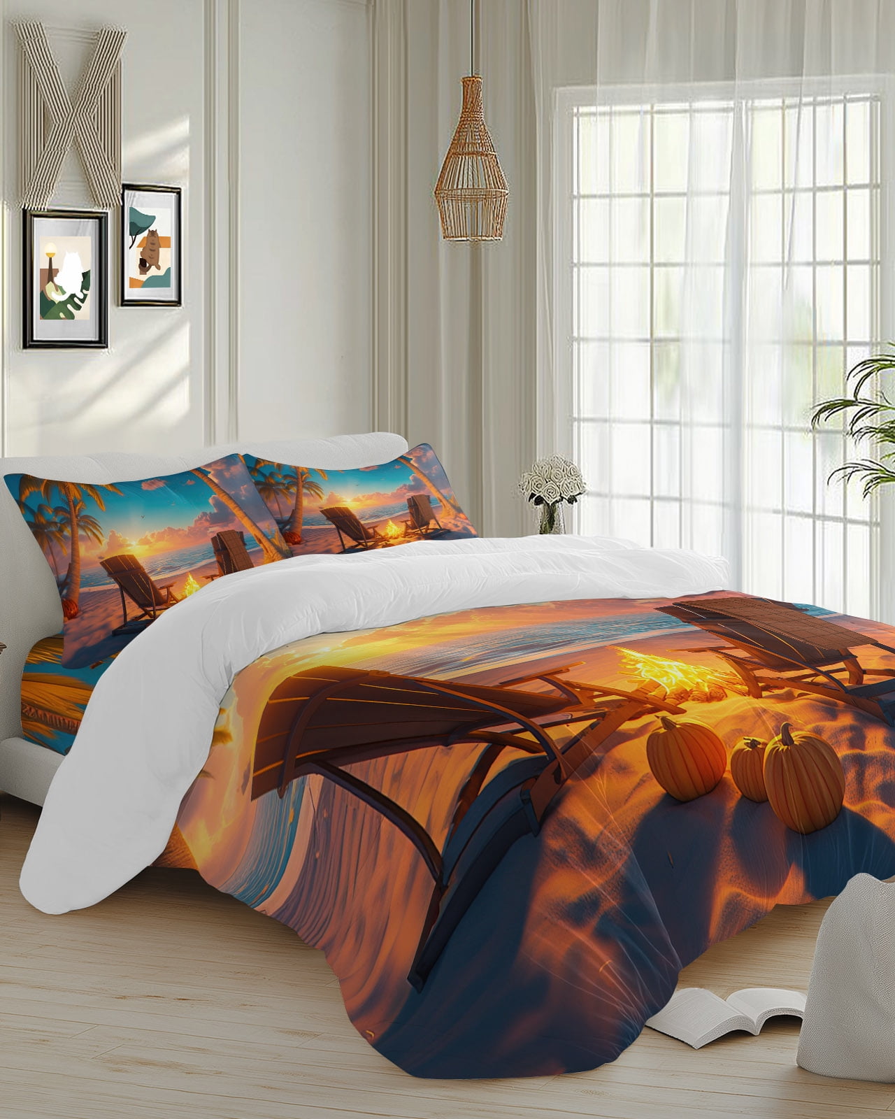 4 Piece Duvet Cover Set Cal king, Autumn Beach Campfire Pumpkin Soft ...