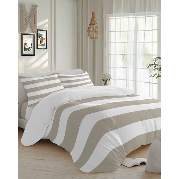 4 Piece Duvet Cover Set Cal king, Beige and White Stripe Soft ...