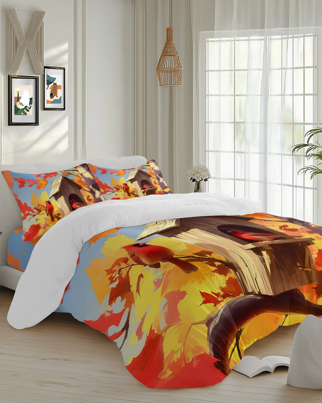 4 Piece Duvet Cover Set Cal king, Bird Autumn Farm Maple Leaves Red ...