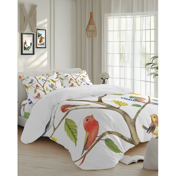 4 Piece Duvet Cover Set Cal king, Bird on A Branch Watercolor Leaves ...