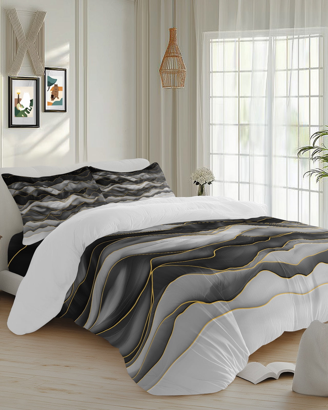 4 Piece Duvet Cover Set Cal king, Black Grey Color Gradient Art Soft ...