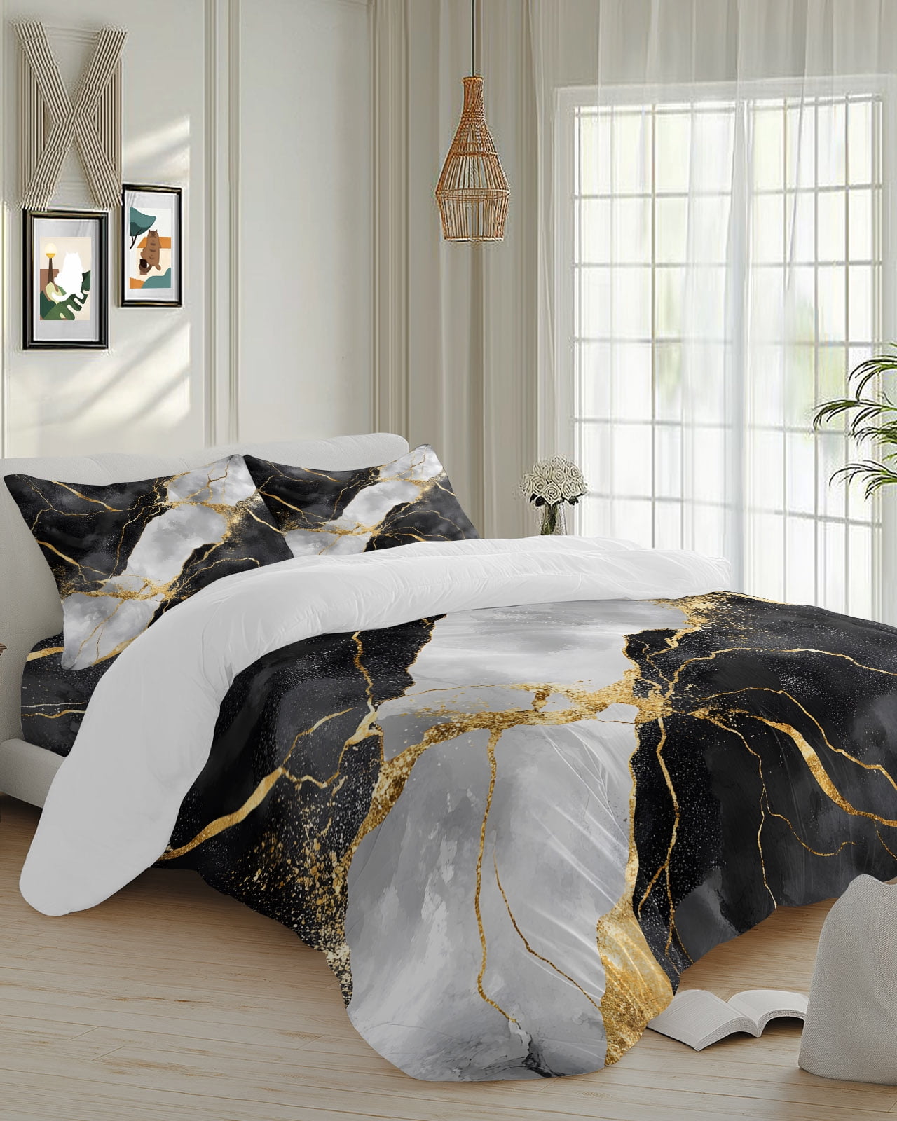 4 Piece Duvet Cover Set Cal king, Black Grey Gold Marble Texture Soft ...