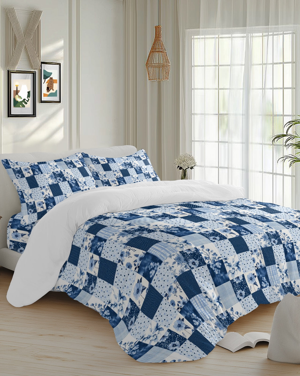 4 Piece Duvet Cover Set Cal king, Blue Checkered Rustic Floral Soft ...
