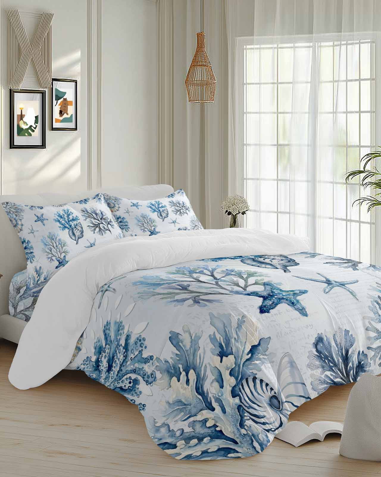 4 Piece Duvet Cover Set Cal king, Blue Coral Shells Starfish Conch on ...