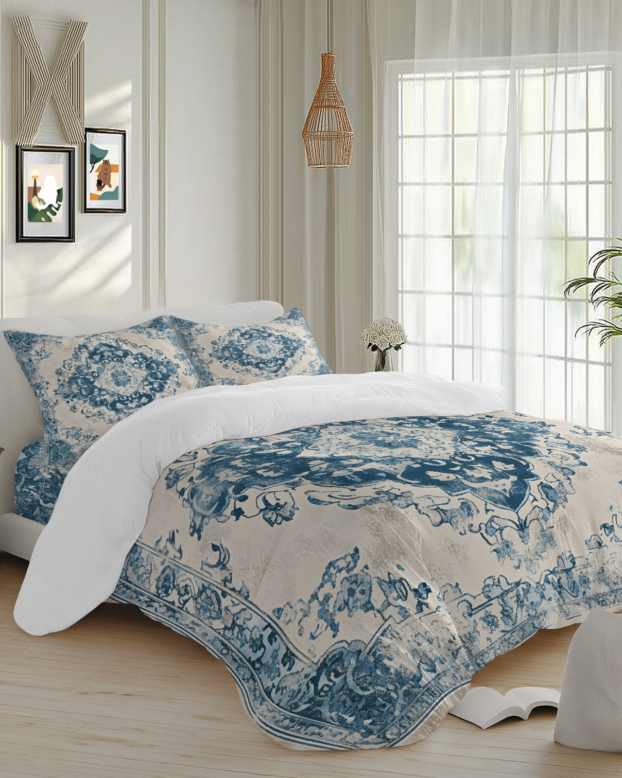 4 Piece Duvet Cover Set Cal king, Blue Ethnic Bohemian Traditional ...