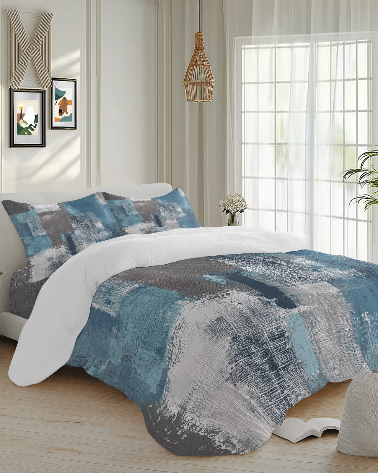 4 Piece Duvet Cover Set Cal king, Blue Grey White Graffiti Graffiti ...