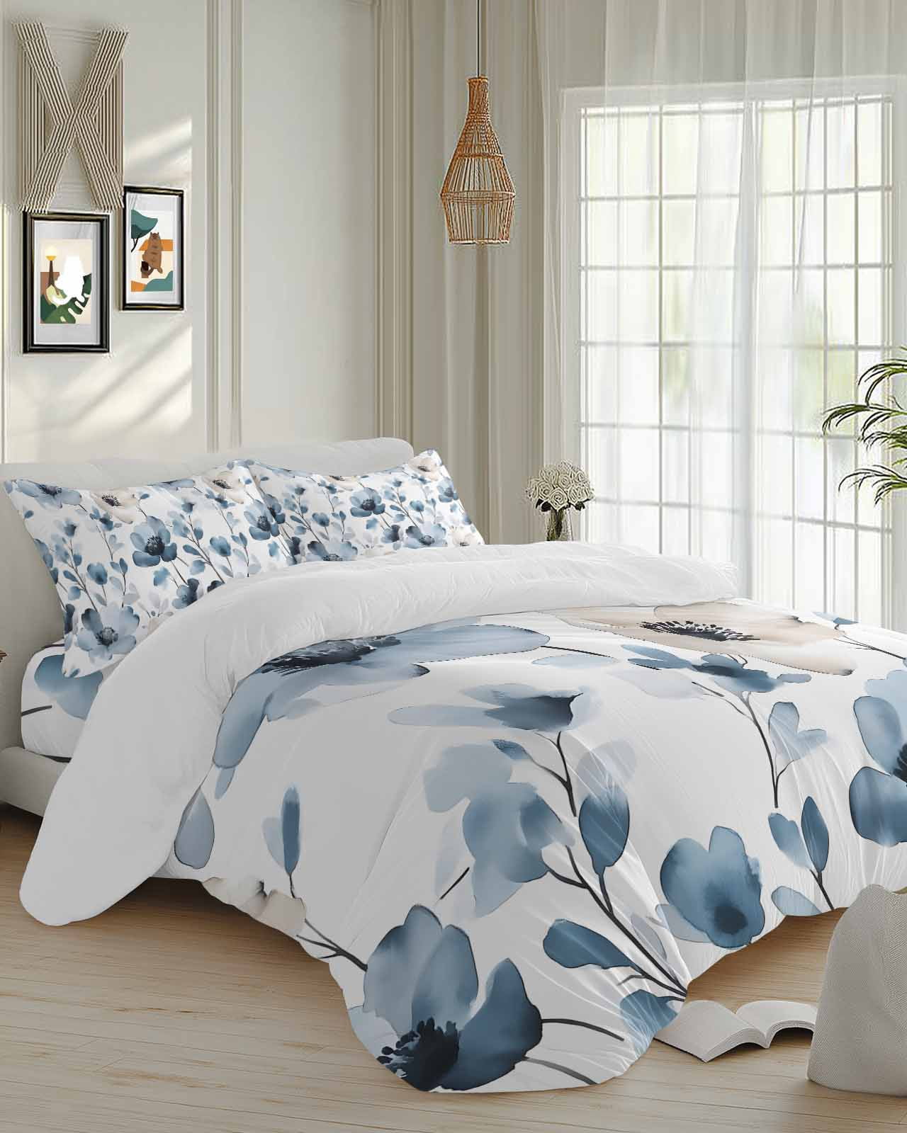 4 Piece Duvet Cover Set Cal king, Blue Light Brown Flowers on White ...