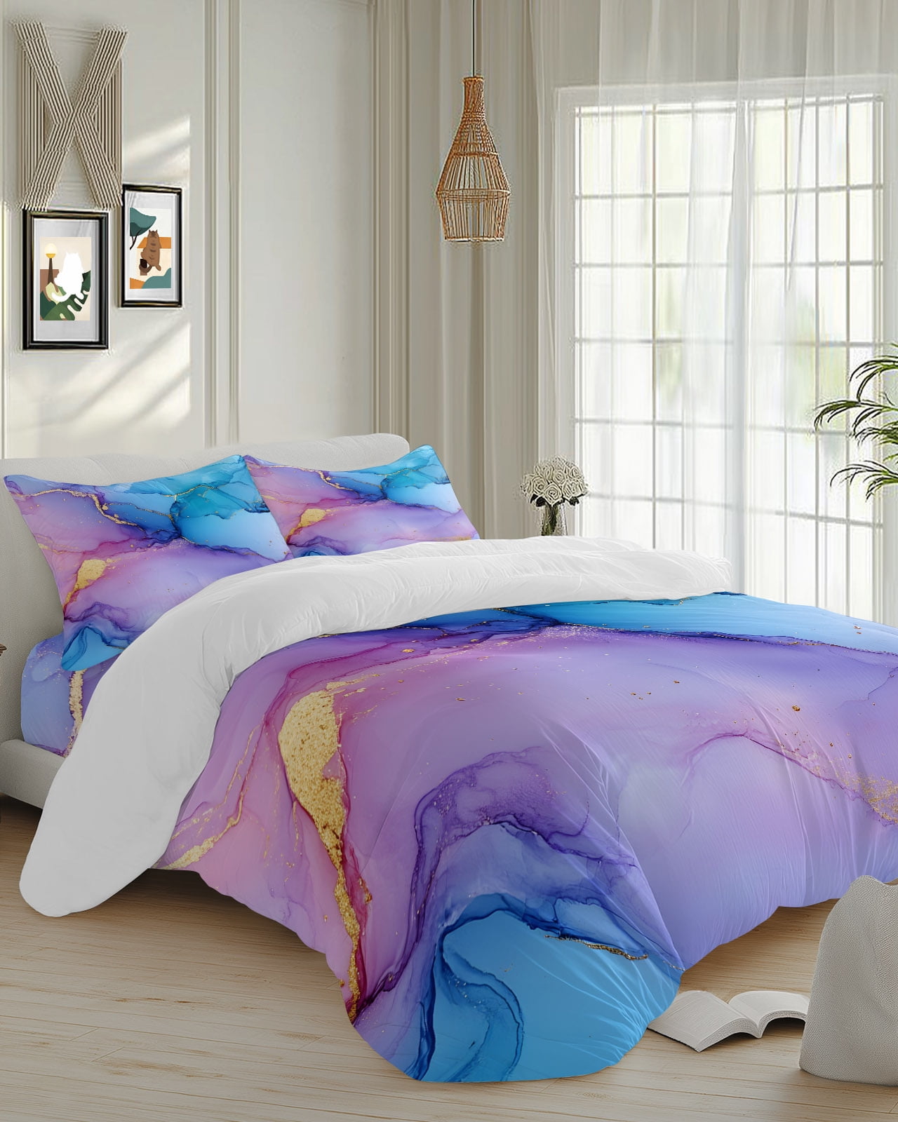4 Piece Duvet Cover Set Cal king, Blue Marble Abstract Stripe Gold Foil ...