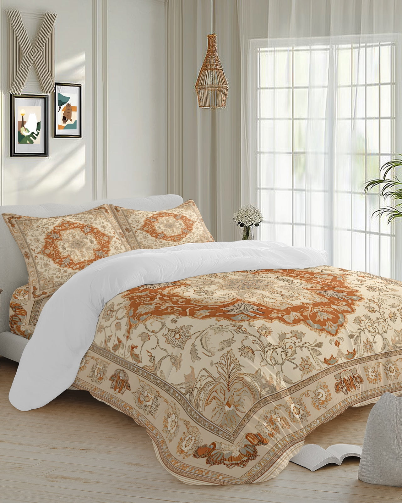 4 Piece Duvet Cover Set Cal king, Bohemian Ethnic Traditional Flower ...