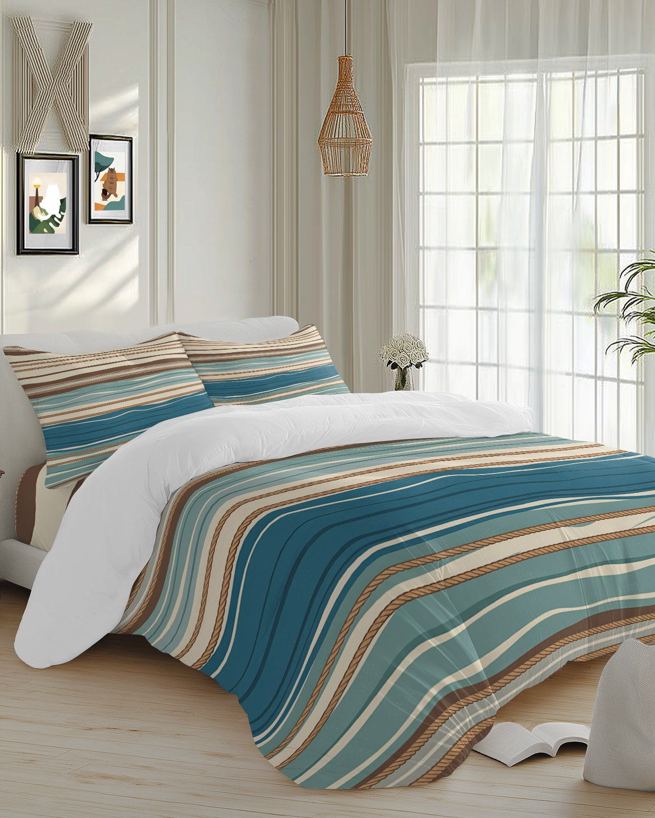 4 Piece Duvet Cover Set Cal king, Boho Teal Stripes Color Block Soft ...