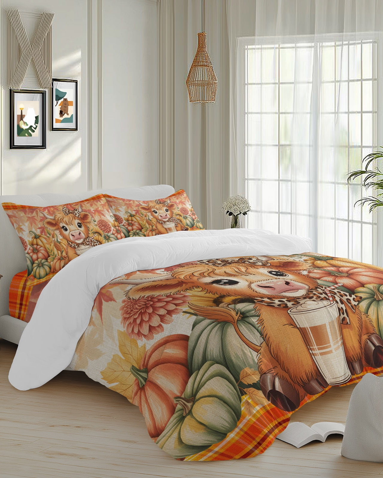 4 Piece Duvet Cover Set Cal king, Cartoon Cow Thanksgiving Pumpkin Soft ...