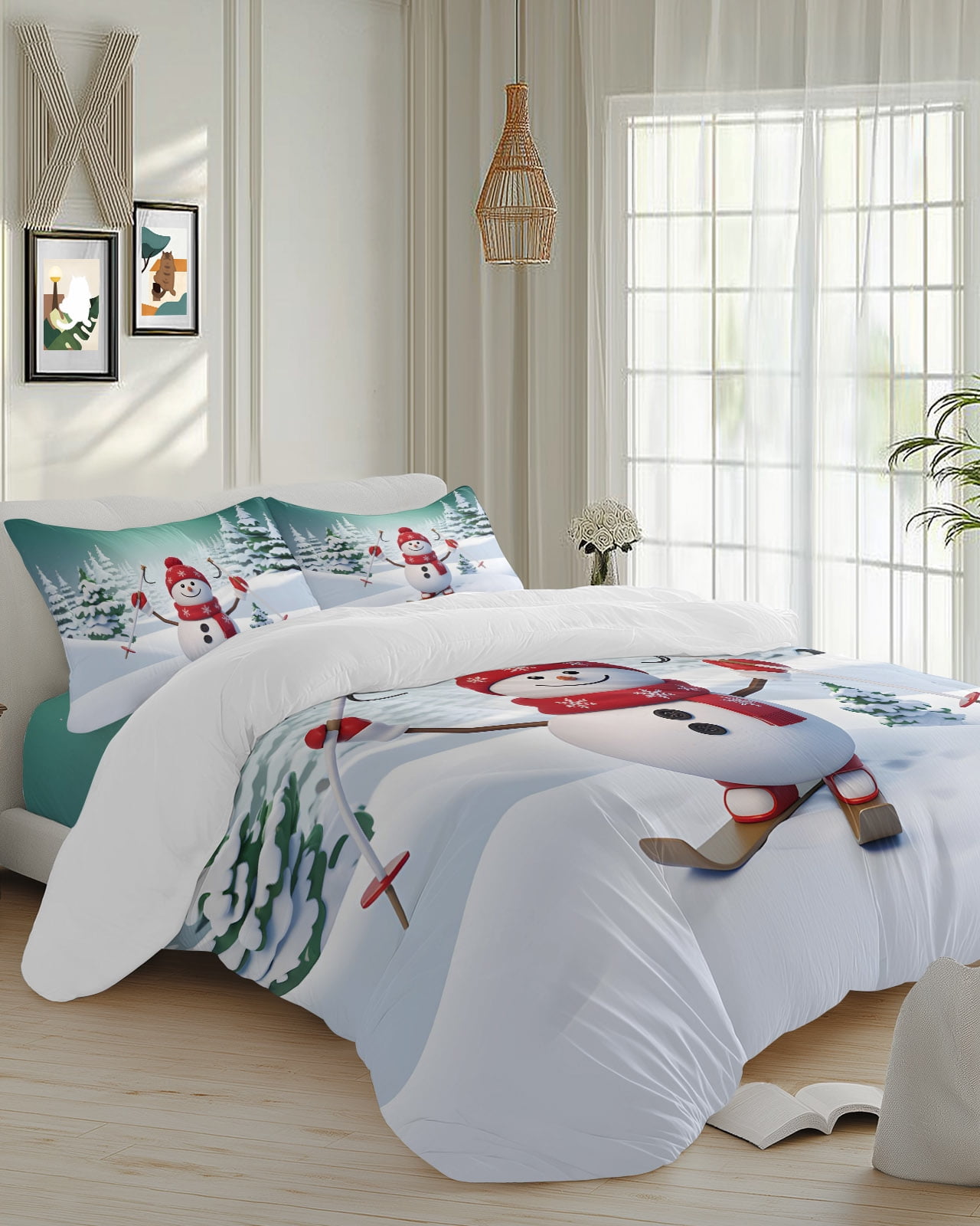 4 Piece Duvet Cover Set Cal king, Cartoon Winter Skiing Snowman Soft ...