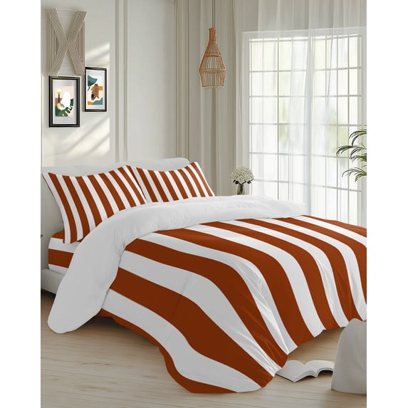 4 Piece Duvet Cover Set Cal king, Classic Burnt Orange Stripe Soft ...