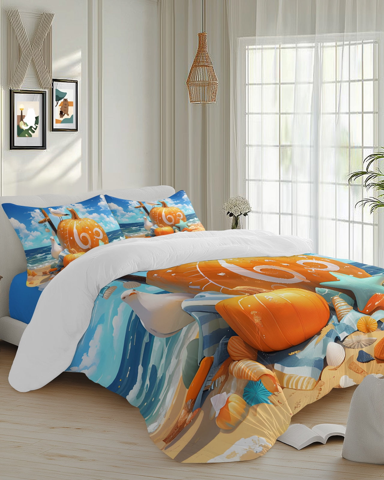 4 Piece Duvet Cover Set Cal king, Coastal Autumn Pumpkin Seagull Soft ...