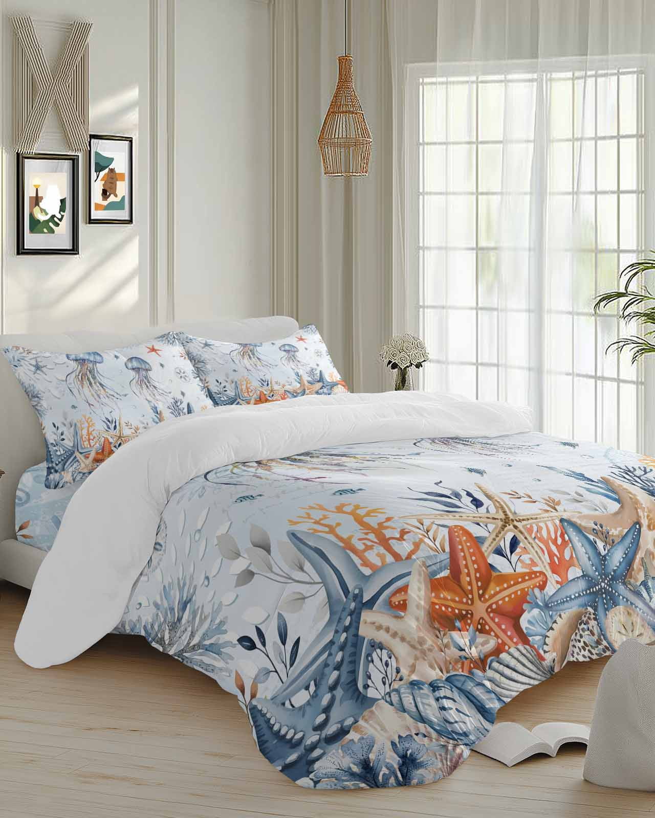 4 Piece Duvet Cover Set Cal king, Coastal Sea Jellyfish Coral Starfish ...