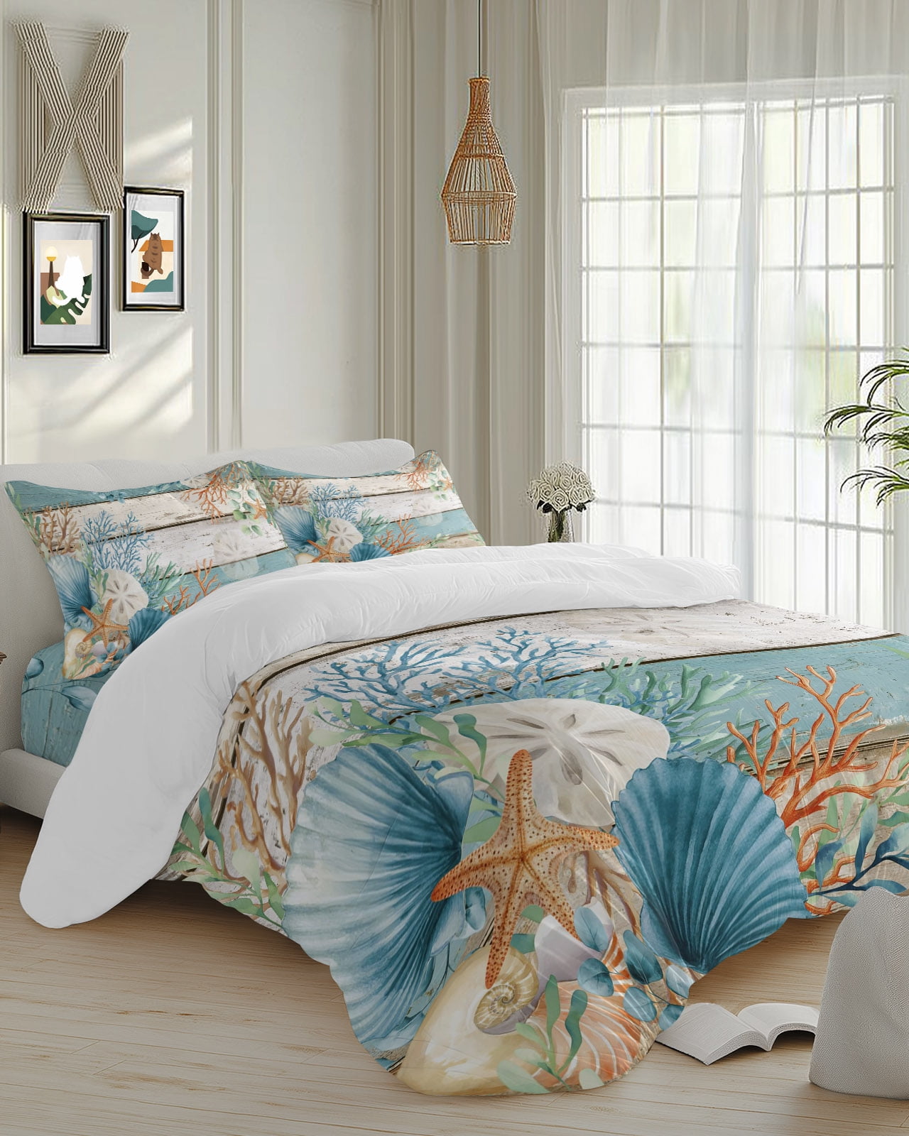 4 Piece Duvet Cover Set Cal king, Coastal Sea Starfish Shell Coral Soft ...
