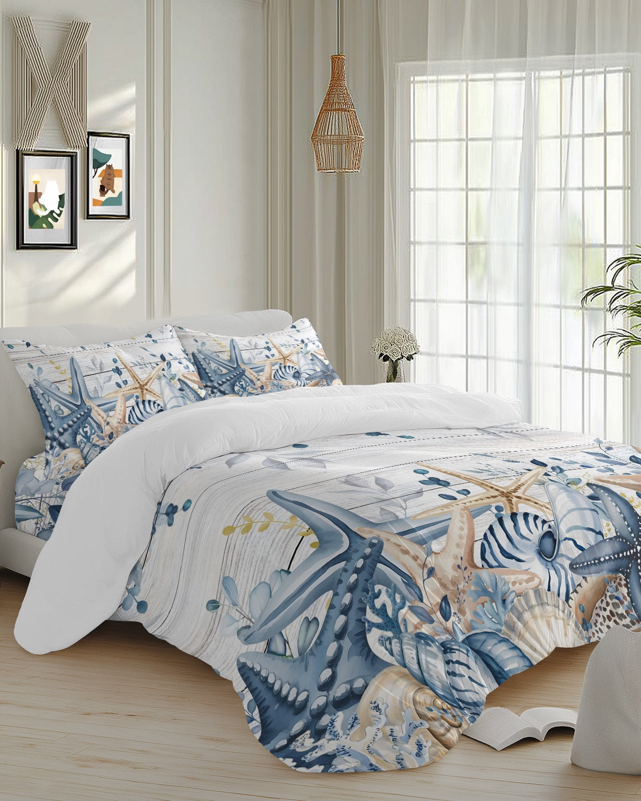 4 Piece Duvet Cover Set Cal king, Coastal Starfish Conch Retro Plank ...