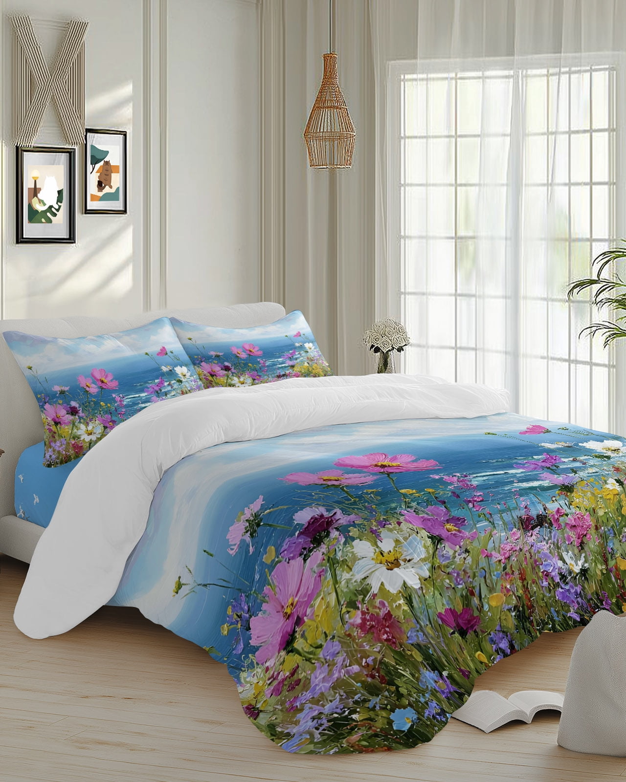 4 Piece Duvet Cover Set Cal king, Coastal Watercolor Wildflowers Soft ...