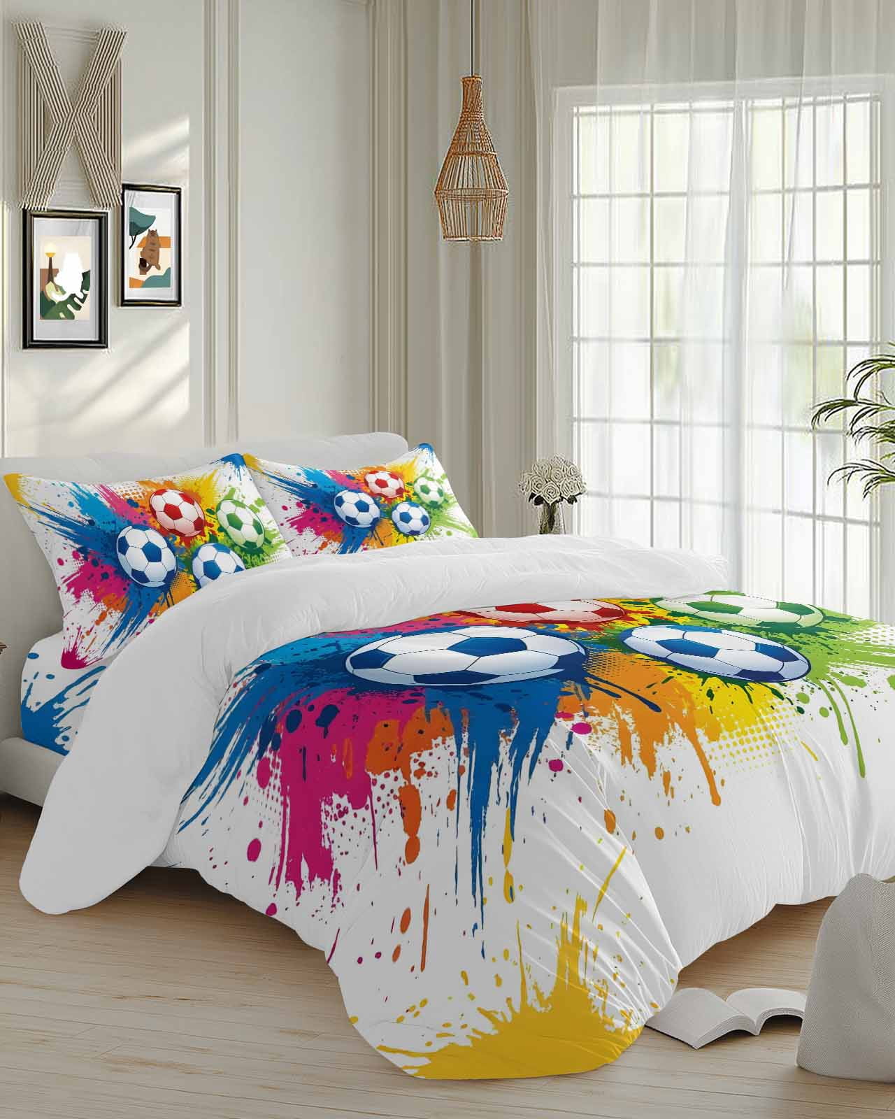 4 Piece Duvet Cover Set Cal king, Colorful Soccer Balls Soft Breathable ...