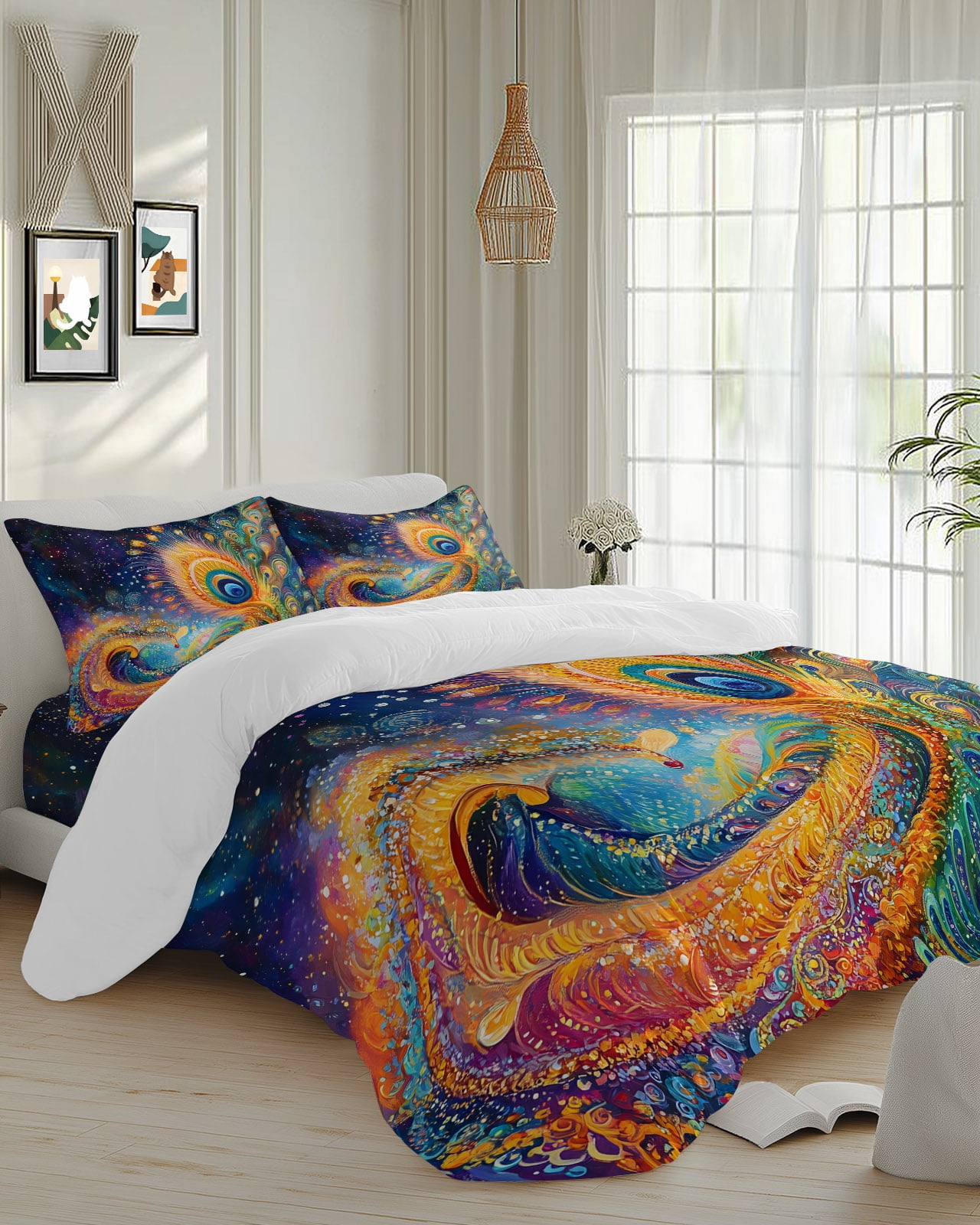 4 Piece Duvet Cover Set Cal king, Cosmic Peacock Feathers Soft ...