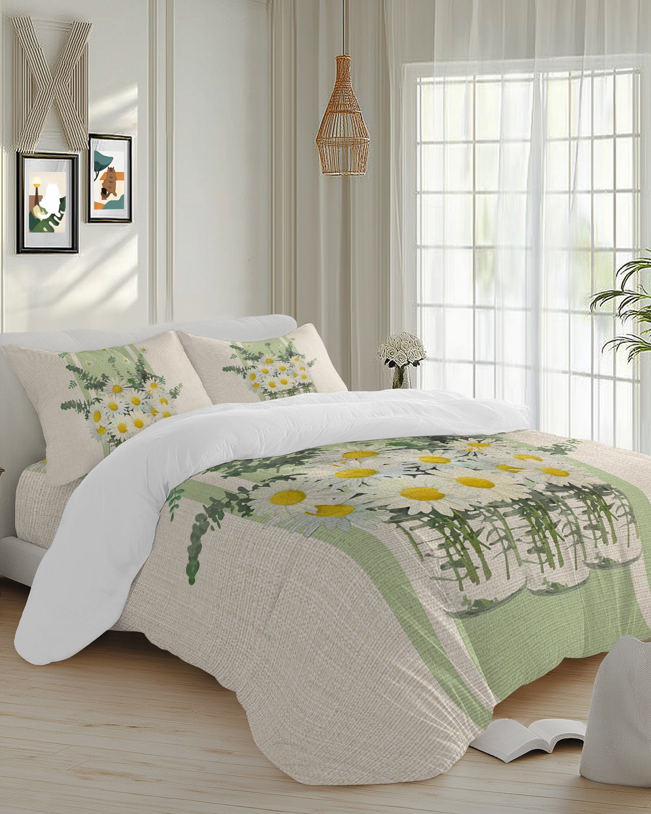 4 Piece Duvet Cover Set Cal king, Daisy Flower Green Leaf Vase Soft ...