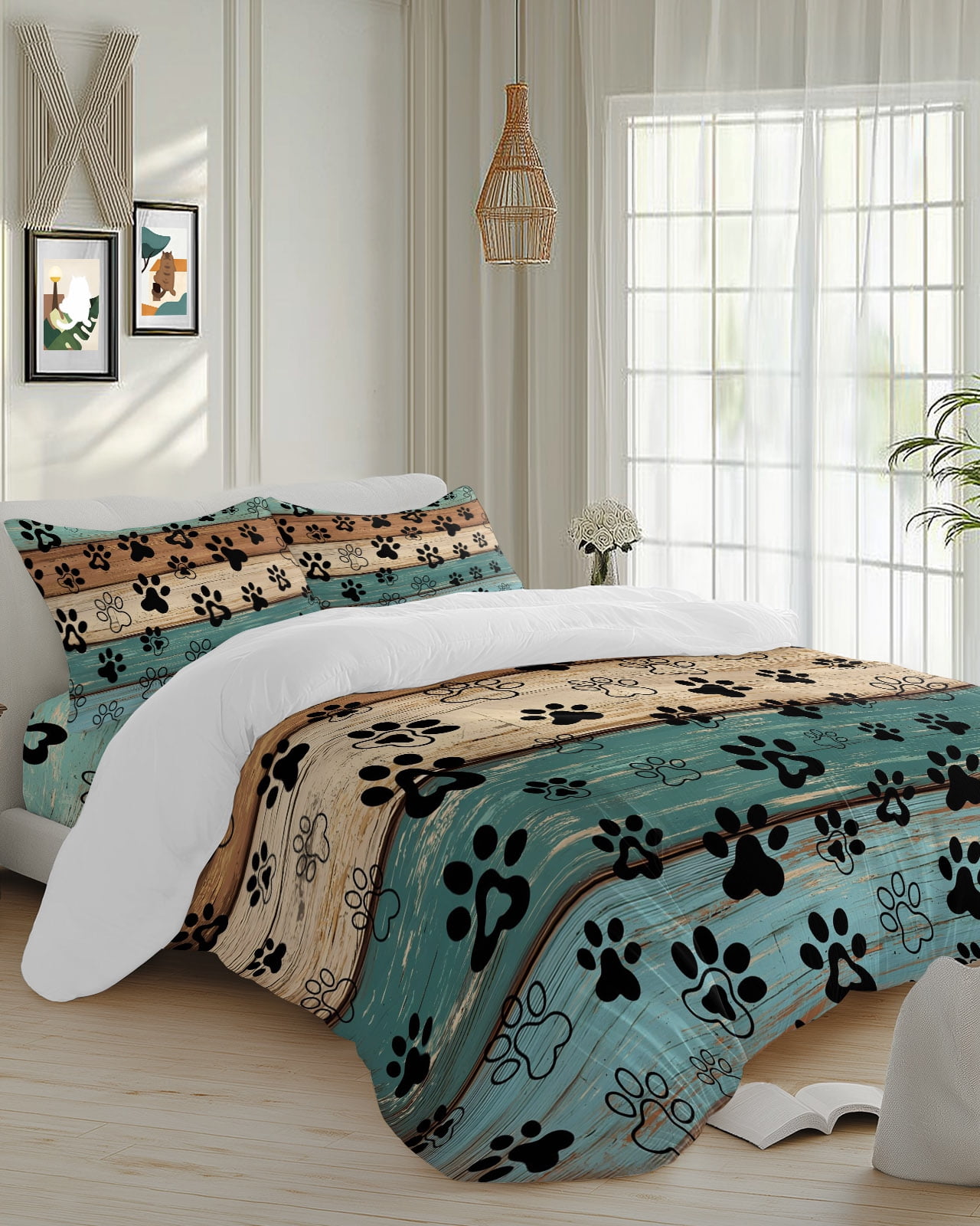 4 Piece Duvet Cover Set Cal king, Dog Paw Farm Brown Wood Board Soft ...