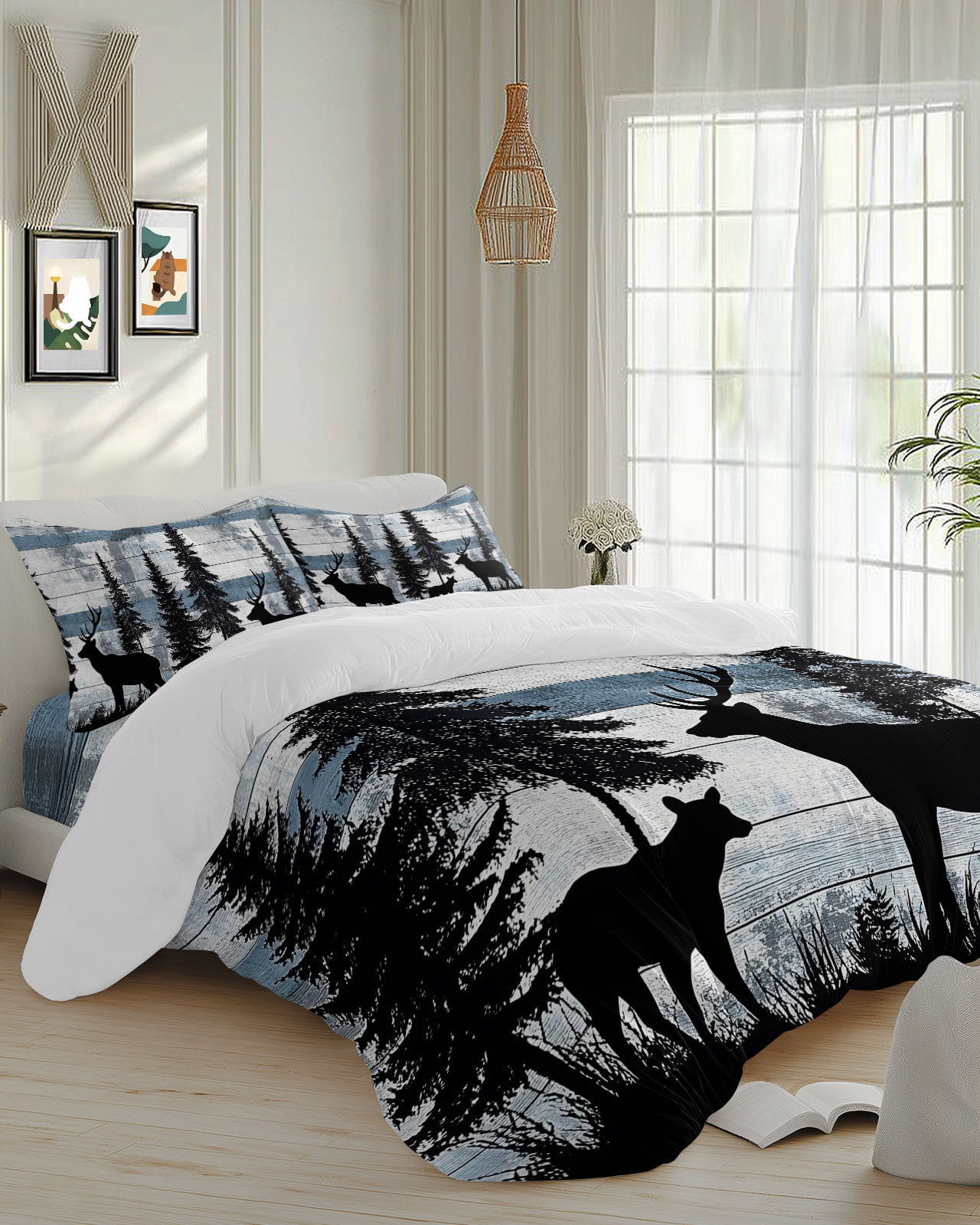 4 Piece Duvet Cover Set Cal king, Elk Tree Jungle Black Silhouette Soft ...